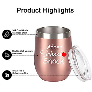 Teacher Gifts-After School Snack Wine Tumbler, Funny Teacher Appreciation Christmas Year End Graduation Gifts for Teacher, Thank You Gifts for Teacher, 12oz Insulated Stainless Steel Tumber, Rose Gold