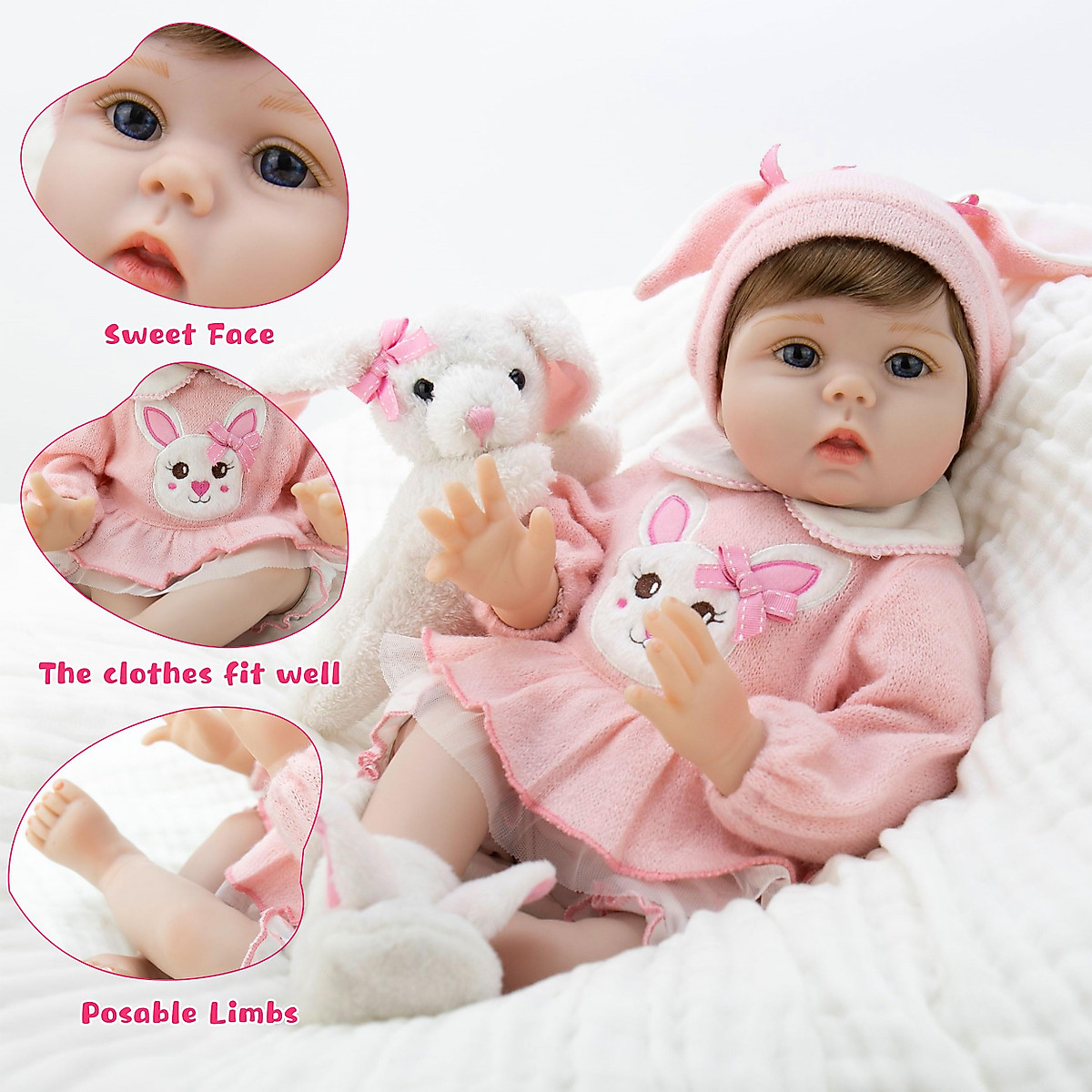 Milidool Reborn Baby Dolls Lifelike Girl Doll 22 inch Realistic Newborn Baby Doll Real Looking Silicone Baby Dolls Girl with Feeding Bunny Toy Gift Set for Kids 3+