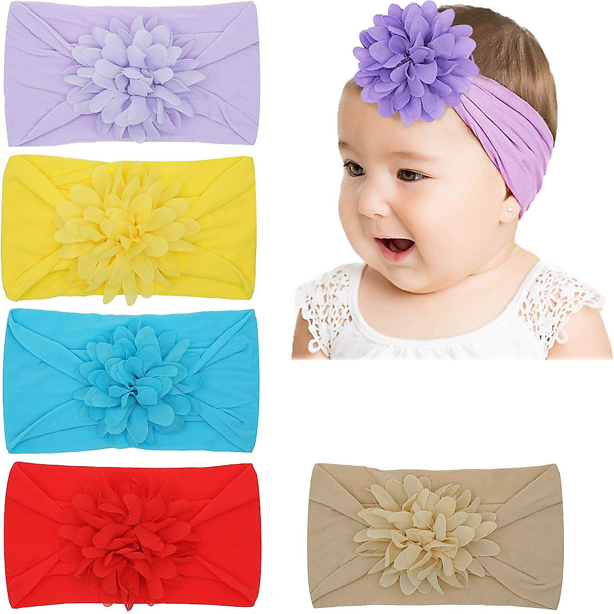 DED 20 Pcs Baby Girls Nylon Headbands 3.15 Inch Chiffon Flower Soft Stretchy Hair Band Hair Accessories for Newborns Infants Toddlers