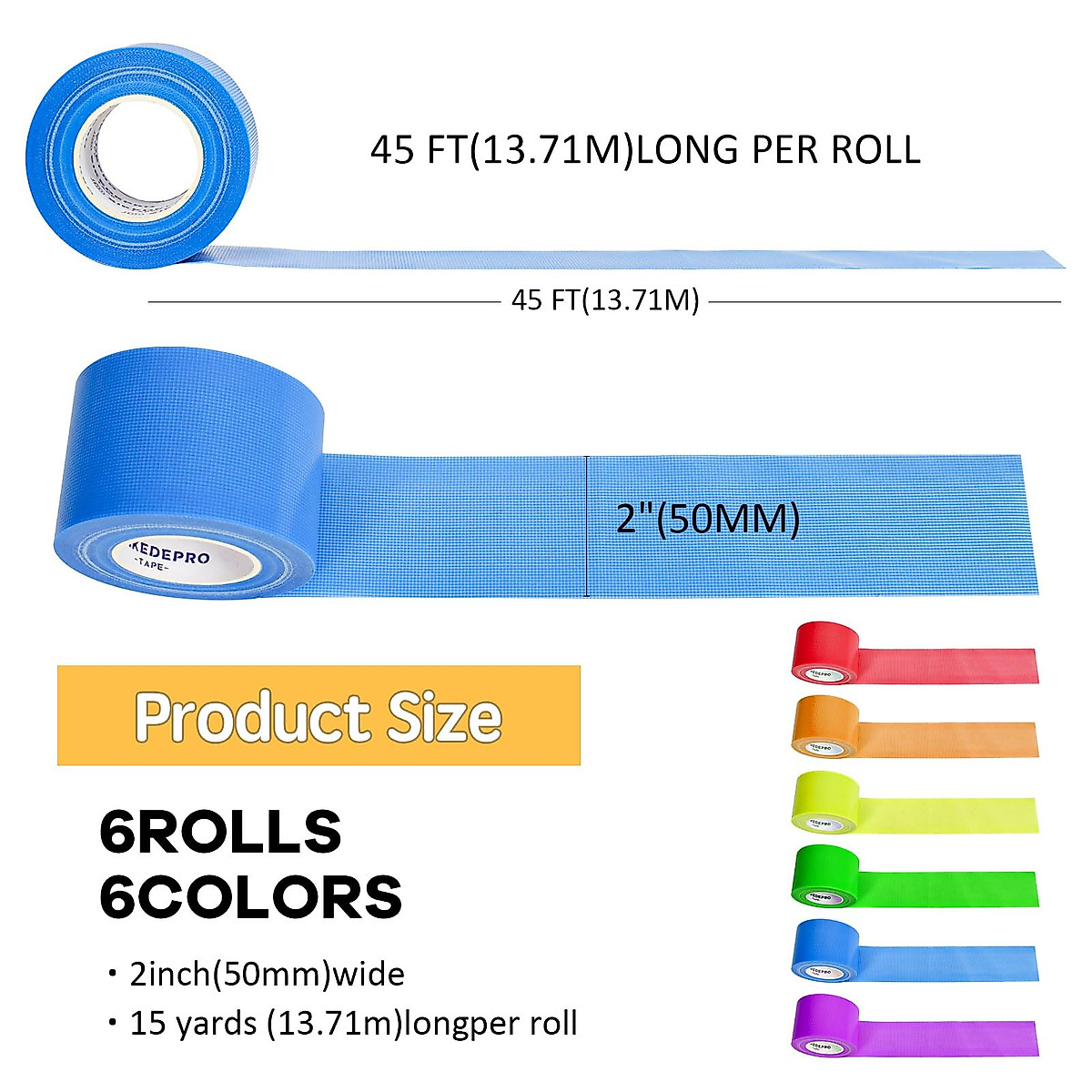 SIKEDEPRO Rainbow Colored Duct Tape 6 Pack,15 Yards x 2 Inch Colorful Duck Tape Heavy Duty Rainbow Waterproof Colored Tape Variety Pack,Tear by Hand,Great for Packaging, Arts & Crafts and DIY