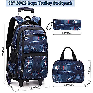 Egchescebo 18" School Kids Rolling Backpack for Adults With Wheels Trolley Wheeled Backpacks for Boys Students Travel Bags Adults With Lunch Box Pencil bag 3PCS Navy Blue