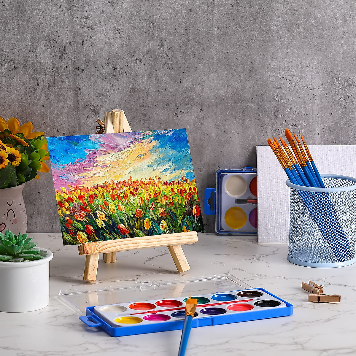 10 Set Paint Kit Wood Easel Set Include 10 Wood Easels 10 Pcs Canvases 100 Pcs Brushes and 10 Pcs Watercolor Paint Painting Supplies Kit Wooden Art Easel for Kids and Adults (5 x 7 Inch)