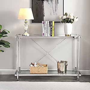 Sybrioka Glass Console Tables for Entryway, Acrylic Chrome Silver Sofa Side Table Metal Leg, Long Narrow Entryway Table for Small Space Hallway Living Room (Silver, Entryway Table)