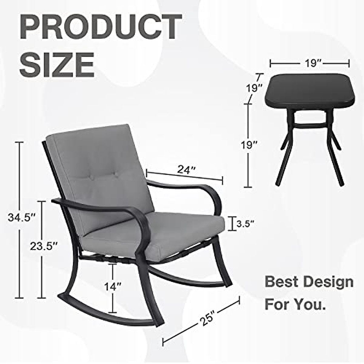 Omelaza 3 Pieces Outdoor Rocking Bistro Set, Patio Steel Furniture, Porch Chairs Conversation Set with Thickened Cushion and Glass Top Coffee Table (Grey)