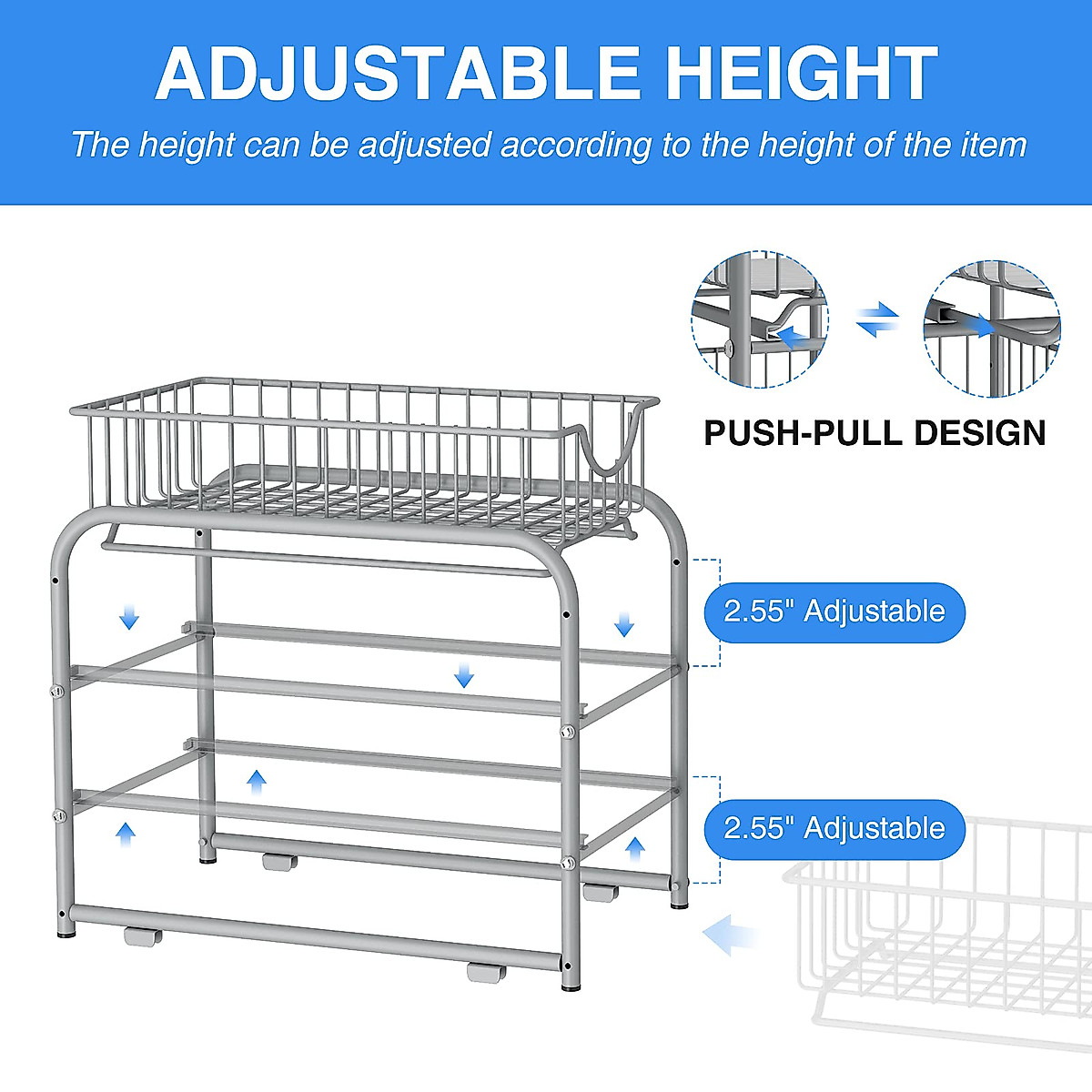 AIYAKA under sink storage 2 Tier Stackable Sliding Basket Organizer Drawer For Kitchen And Bathroom/Cabinet Drawers,silver