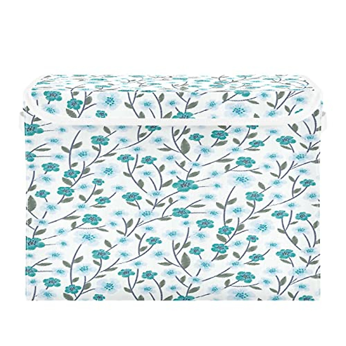 Kigai Storage Basket Blue Floral Storage Boxes with Lids and Handle, Large Storage Cube Bin Collapsible for Shelves Closet Bedroom Living Room, 16.5x12.6x11.8 In