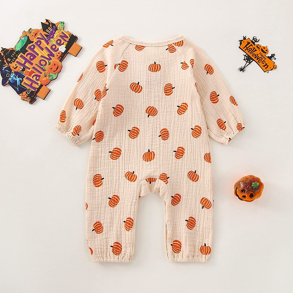 FIOMVA Newborn Baby Girl Boy Halloween Outfit Pumpkin Long Sleeve Romper Onesie Cotton Linen Jumpsuit Fall Winter Clothes (Pumpkin-Beige,0-3 Months)
