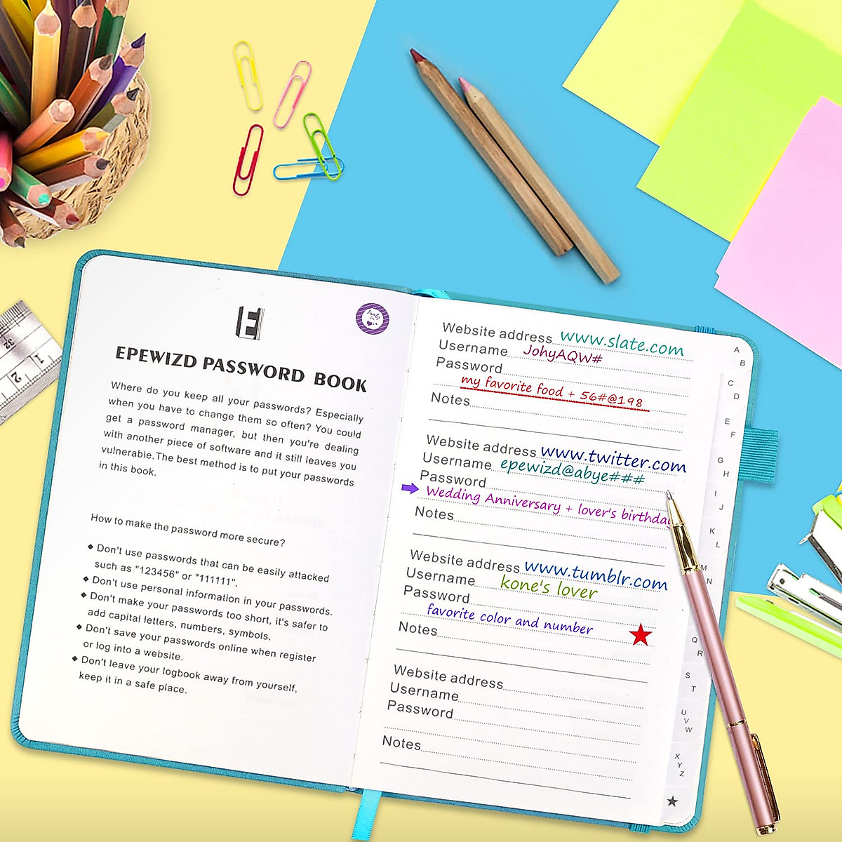 EPEWIZD Password Book with Alphabetical Tabs Hardcover Medium Size Password Book for Website Username Internet login Computer Address Password Organizer Keeper Logbook-Turquoise