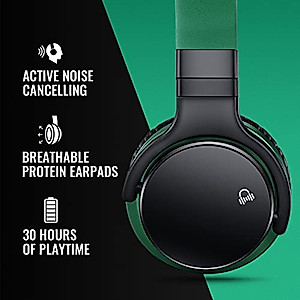 E7 BasicC Active Noise Cancelling Bluetooth Wireless Over Ear Headphones with Mircophone, 30H Playtime,Deep Bass, Comfortable Protein Earpads, for Travel, Home, Office (Green)