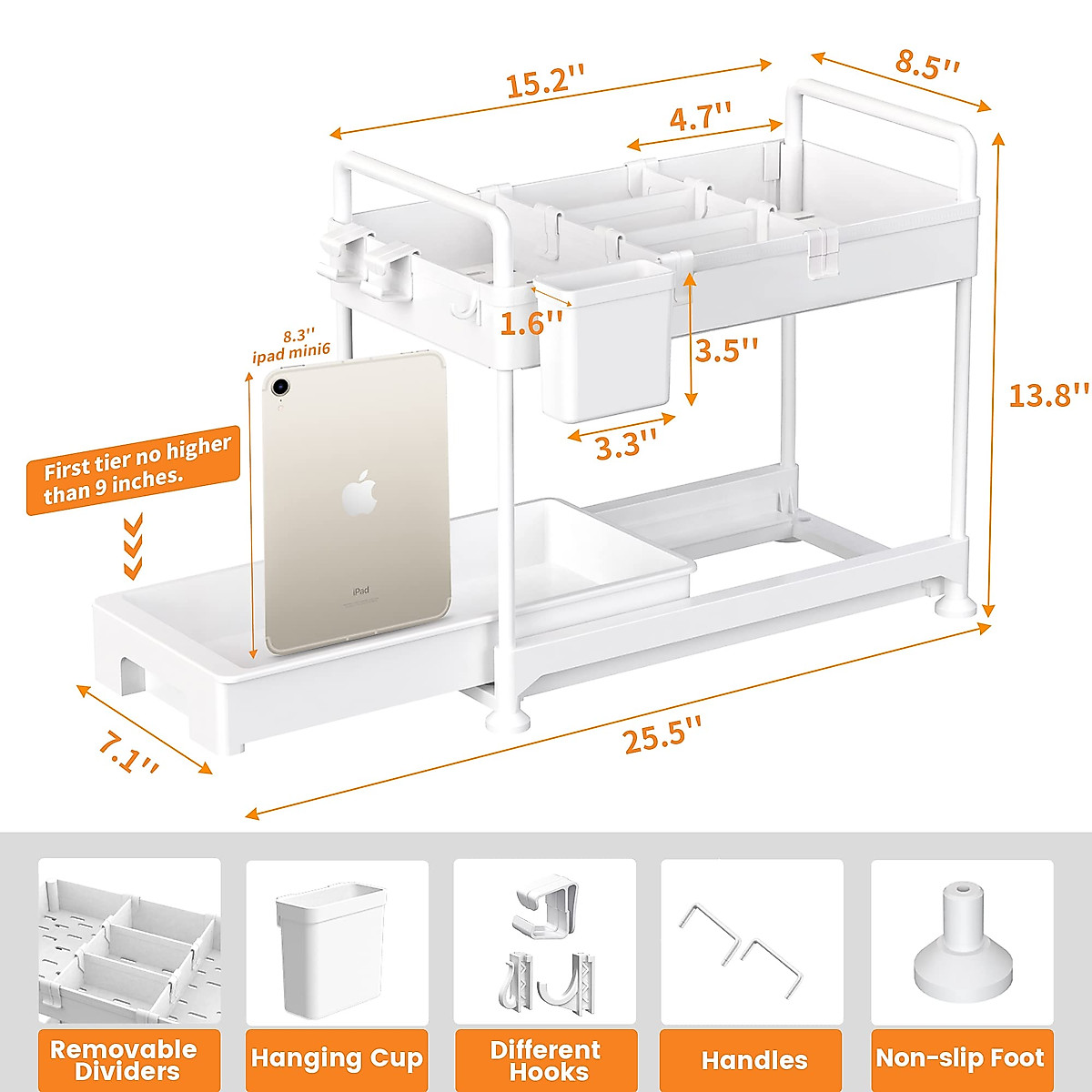 Vantency 2 Pack Under Sink Organizer, 2 Tier Sliding Under Kitchen Cabinet Storage Drawer with Hooks, Hanging Cup, Dividers, Handles and Anti-Slip Foot Mats (2PC-White)