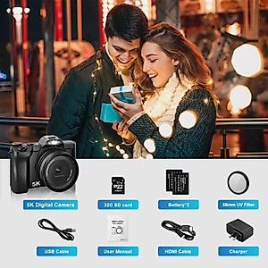 5K Digital Camera, WiFi Vlogging Camera with 32G SD Card, 48MP Autofocus Compact Camera 6-Axis Stabilization Travel Camera with UV Filter 16x Digital Zoom and 2 Batteries for Boys, Girls, Beginners