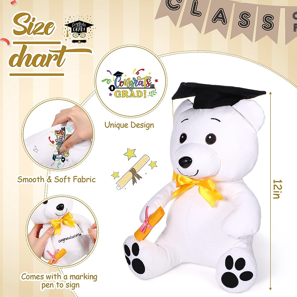Zomiboo Graduation Autograph Stuffed Animal 2025 Smooth Fabric Stuffed Toy with Congrats Grad Plush Autograph Stuffed Animal with Black Marking Pen for Graduate Student Party(Canvas Dog)