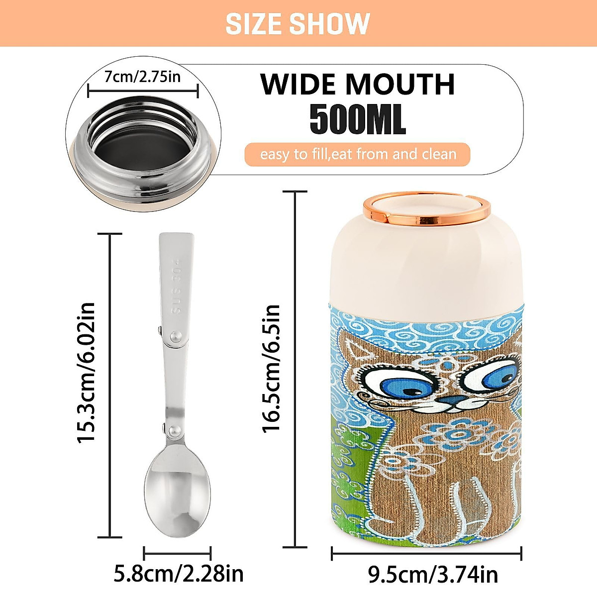 CUPADA Funny Cat Vintage Food Jar, Sky Flower Cute Insulated Hot Food Jars Vacuum 17OZ with Folding Spoon for Work Trip Picnic Camping