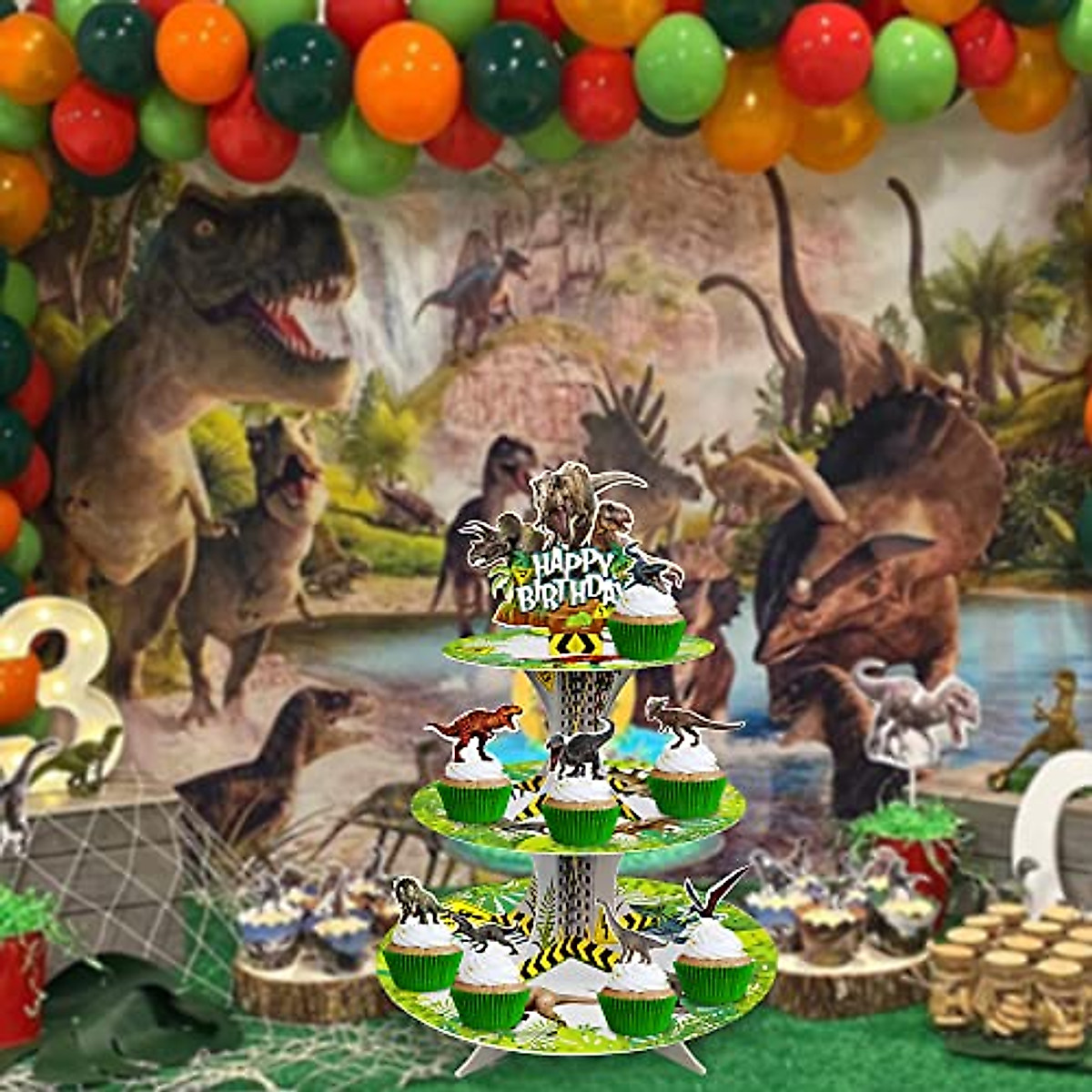 Dinosaur Cupcake Toppers 24Pcs and Dinosaur Cupcake Stand Jurassic Birthday Party Supplies Set for Kids Boys Dinosaur Theme Birthday Party Decorations 3 Tier Dino Cardboard Cupcake Stand Topper