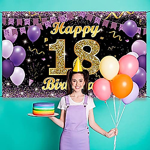 18th Birthday Decoration Backdrop Banner, Happy 18th Birthday Decorations for Girls, Gold Purple 18 Birthday Party Photo Booth Props, 18th Birthday Poster Sign for Her, Fabric 6.1ft x 3.6ft Vicycaty