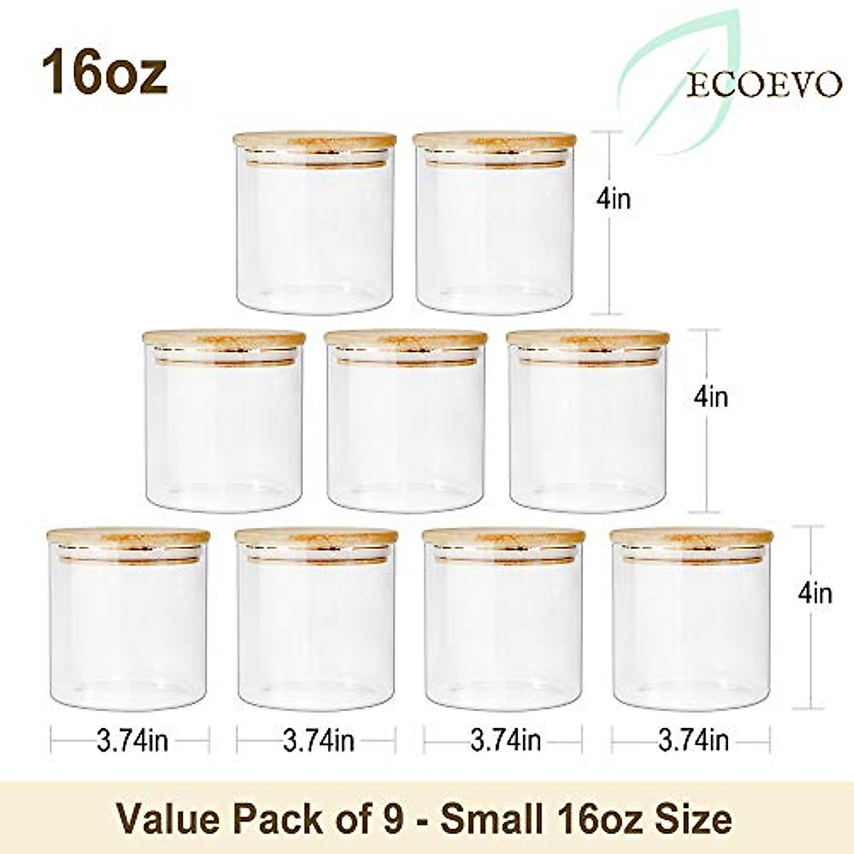 ECOEVO Glass Jars with Bamboo Lids, Glass Food Jars and Canisters Sets, 9 Pack of 16oz