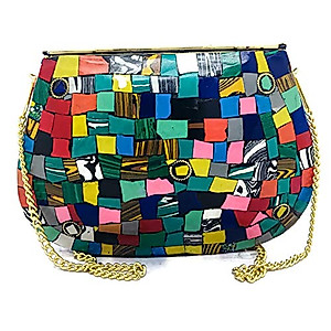 Antique Indian art Handmade Multi color Stone mosaic metal bag Women/Girls Bridal metal clutch party sling bag