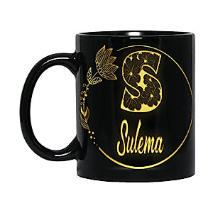 Coffee Mug Personalized Sulema Name & Initial Letter Monogram Floral Alphabet Mug Golden Flowers Custom Black Coffee Cup, Gift for Her Mom Coworker Sister, Wife, Girl 11oz Black Mug 461918