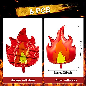 6 Pcs Fire Truck Birthday Party Supplies 32 Inch Fire Balloons Large Flame Balloons Aluminum Foil Fire Decorations Curve Foil Firefighter Party Favors Fireman Theme Kids' Party Balloons, Yellow Red