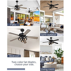 YOUKAIN Farmhouse Wooden Ceiling Fans, 52 Inch Industrial Ceiling Fan with 3 Lights and Remote Control, 5-Reversible Blades Indoor/Outdoor, Matte Black/Barnwood Finish, 52-YJ631