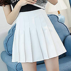 Girls Women’s High Waisted Pleated Skater Tennis Skirt School Uniform Skirts with Lining Shorts(Solid White,M)