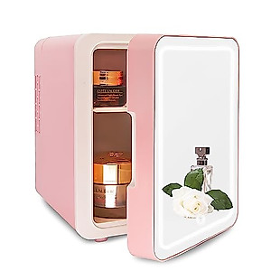 VNIMTI Mini Skincare Fridge 4 Liter/6 Cans, Portable Cosmetic Fridges with Makeup Mirror, Cooler & Warmer, AC & DC, Small Refrigerator for Bedroom, Car, Office, Outdoor (Pink - 4L)