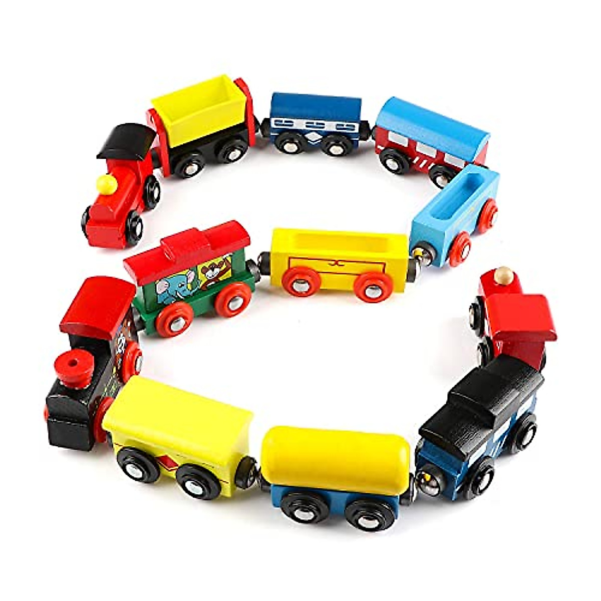 Wondertoys Wooden Train Cars 12 PCS Magnetic Train Sets Includes 3 Engines and Storage Bag - Wooden Train Set for Toddlers Compatible with Major Brands Train Set Tracks - Trains for Train Table