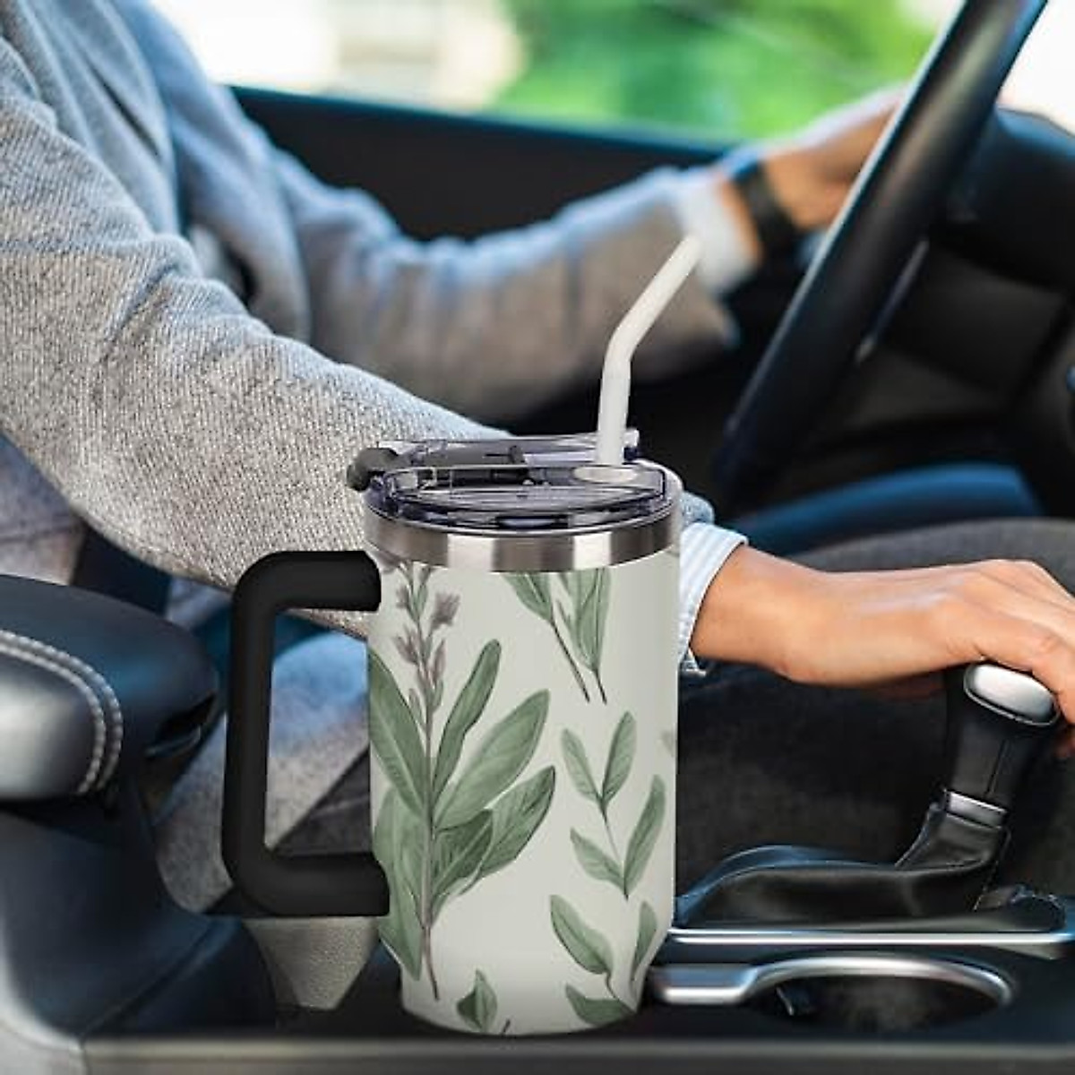 40 Oz Vacuum Tumbler with Black Handle Leakproof Insulated Tumbler Green Flower Herb Sage Leaves Stainless Steel Travel Mug with Lid And Straw Coffee Cup Cute Water Bottles Cup Holder Friendly