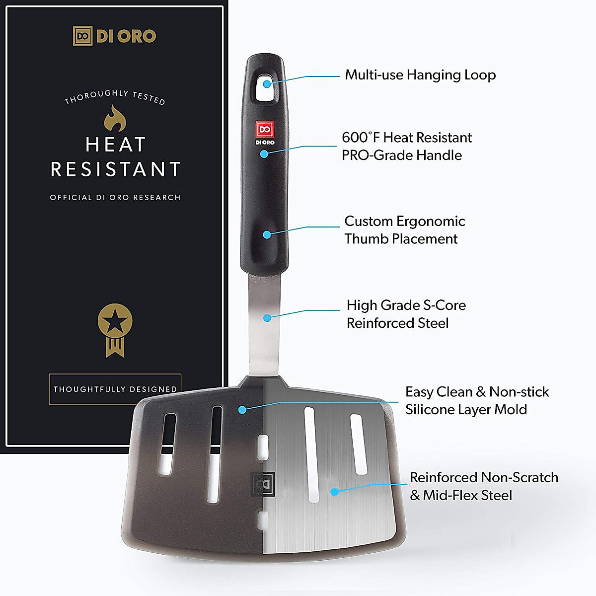 DI ORO Designer Series Wide Slotted Turner Spatula - Features 600F Heat-Resistant No-Melt Rubber Spatula Handle and Blade - Silicone Kitchen Spatula for Cooking or Baking - Dishwasher Safe