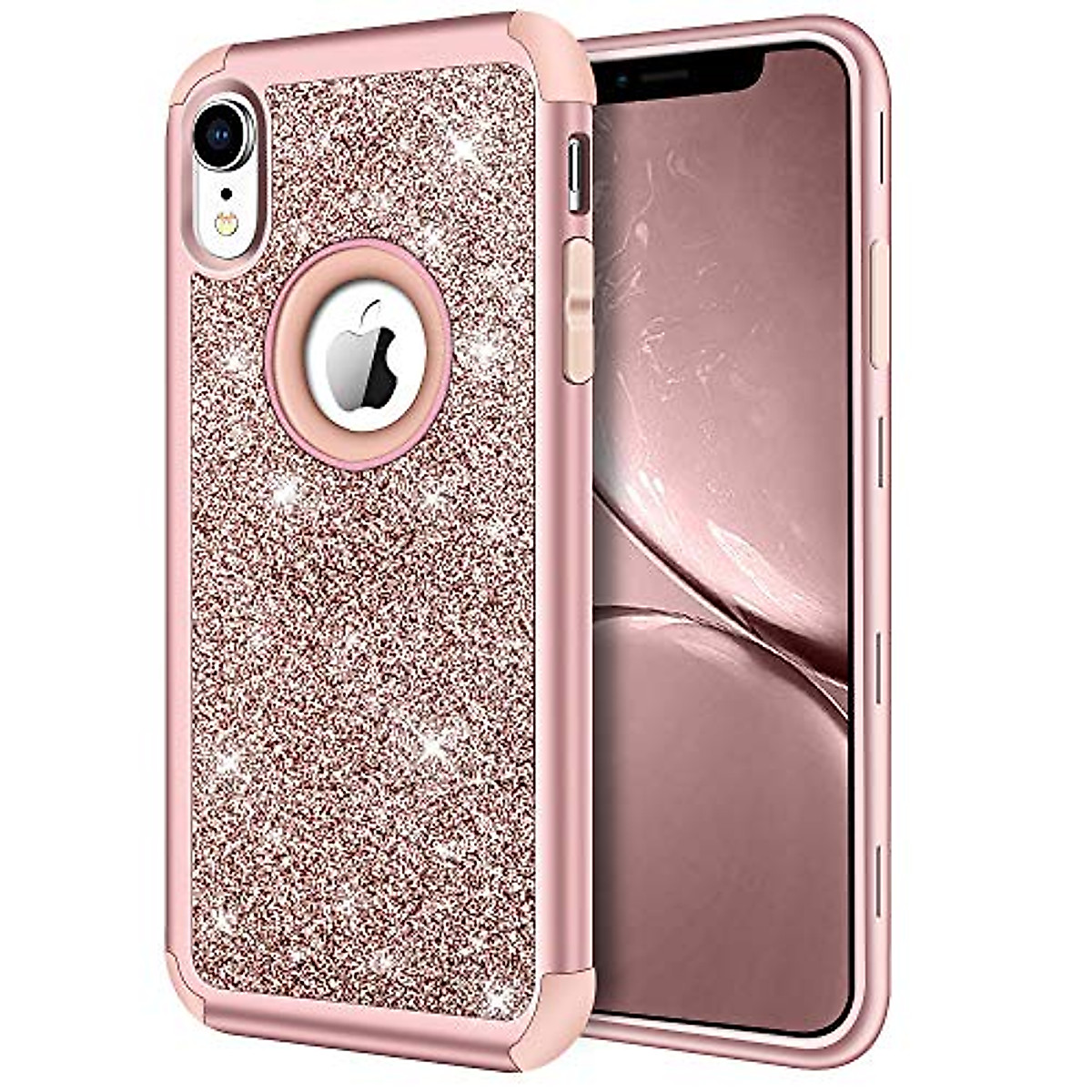 Hython Compatible with iPhone XR Case, Heavy Duty Full-Body Defender Protective Bling Glitter Sparkle Hard Shell Armor Hybrid Shockproof Silicone Rubber Bumper Cover for iPhone XR 6.1-Inch, Rose Gold