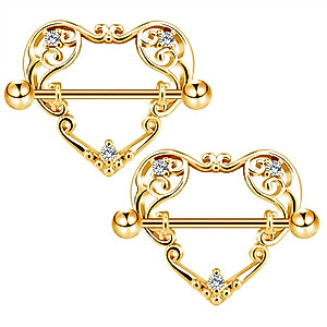COCHARM 2pcs Heart Nipple Rings Gold for Women 14G Surgical Steel Nipple Piercing Nipple Shield CZ Nipple Barbell
