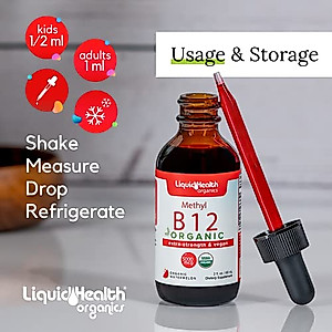LIQUIDHEALTH Methyl Vitamin B12 Organic Liquid Pure Drops, Methylcobalamin Energy Boost, Focus Improve Memory, Natural Metabolism Vegan Safe Sublingual Hydroxocobalamin, 2 Fl Oz