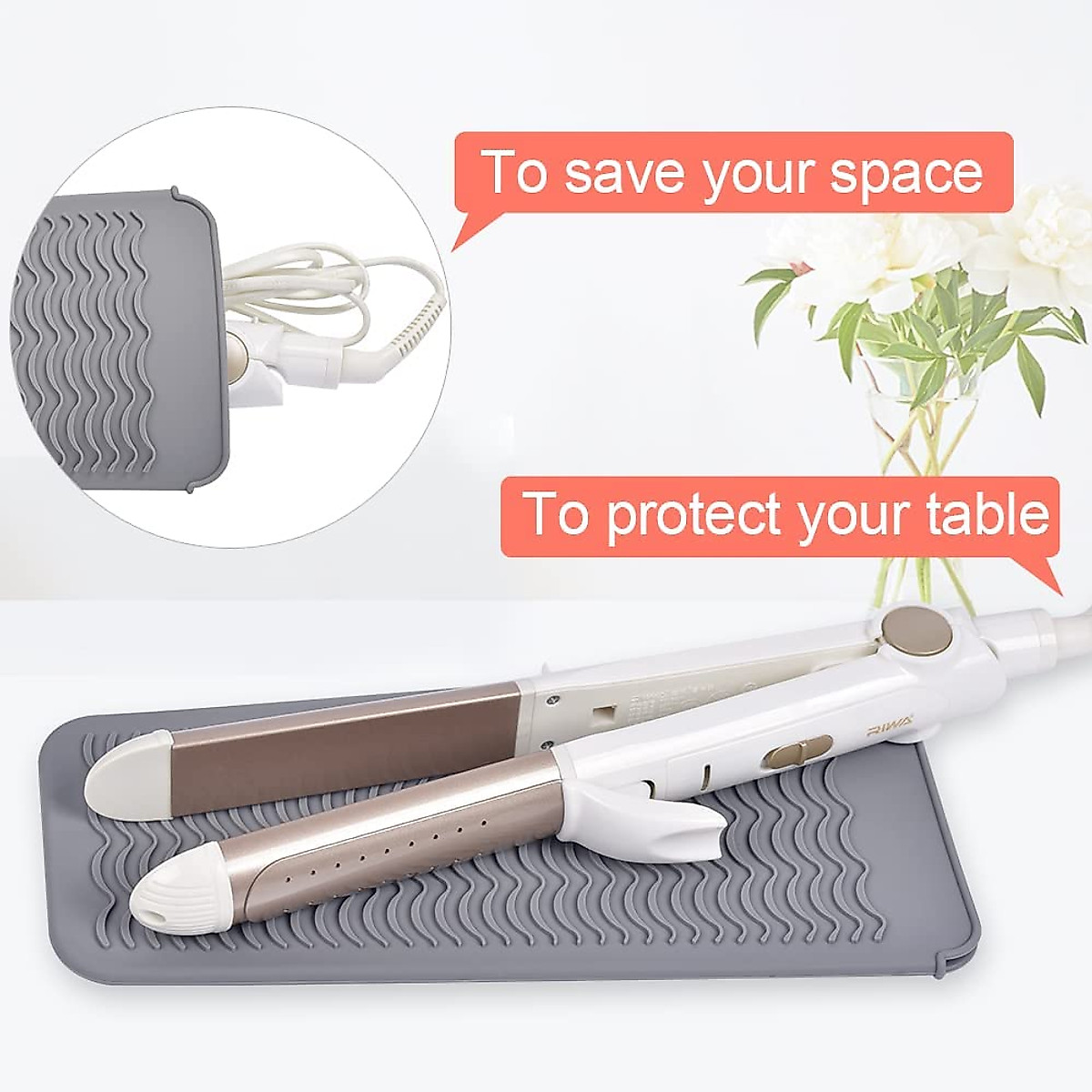 IKOCO Heat Gloves for Hair Styling, Heat Resistant Silicone Mat Pouch and 2Pcs Heat Proof Gloves Mitts for Flat Iron, Curling Iron, Straightener（Black&Grey）