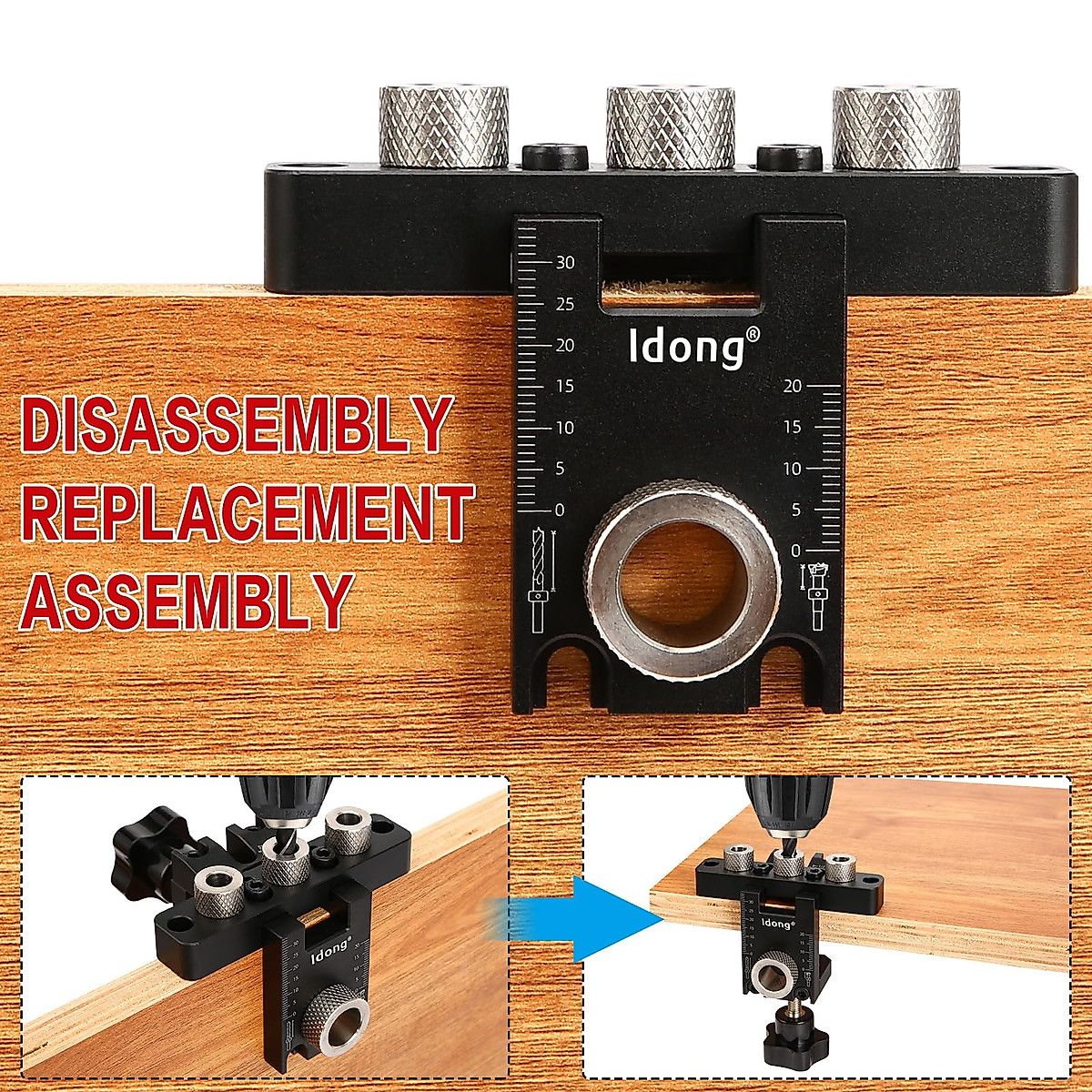 3-in-1 Pocket Hole Jig Kit for straight holes, 8/10/15 mm Pocket Hole Wooden Dowel Drilling Template Set with Positioning Clip Adjustable Drill Guide Puncher Locator (Self Centering Doweling Jig Kit)