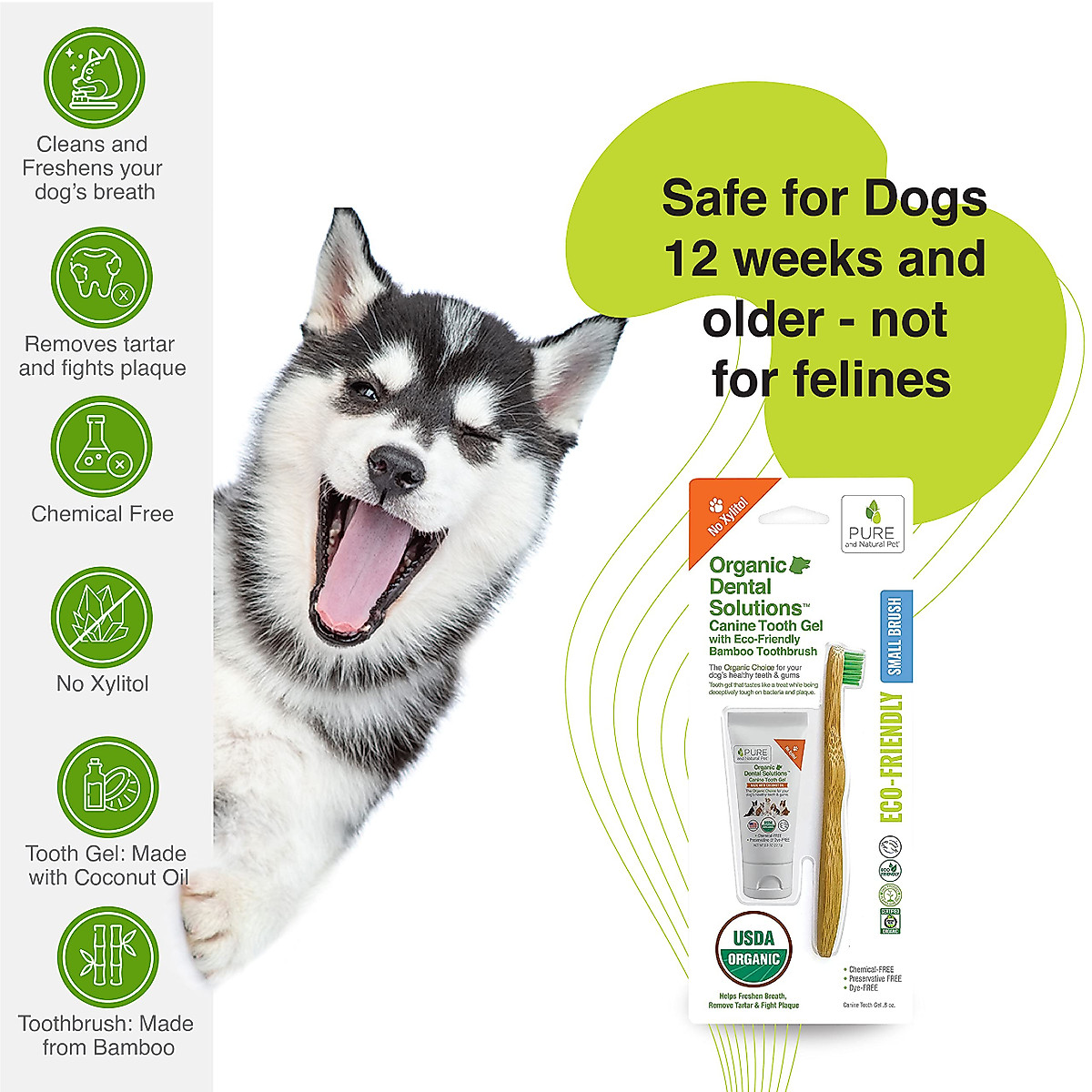 Pure and Natural Pet Organic Dental Solutions USDA Certified Organic Small Kit (.8 oz Canine Tooth Gel with Eco-Friendly Bamboo Toothbrush).
