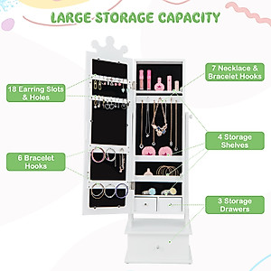 GOFLAME Kids Jewelry Armoire, Children’s Jewelry Cabinet with Full Length Mirror & Storage Drawers, Freestanding Jewelry Organizer for Girls, Birthday/Christmas Gift (White)