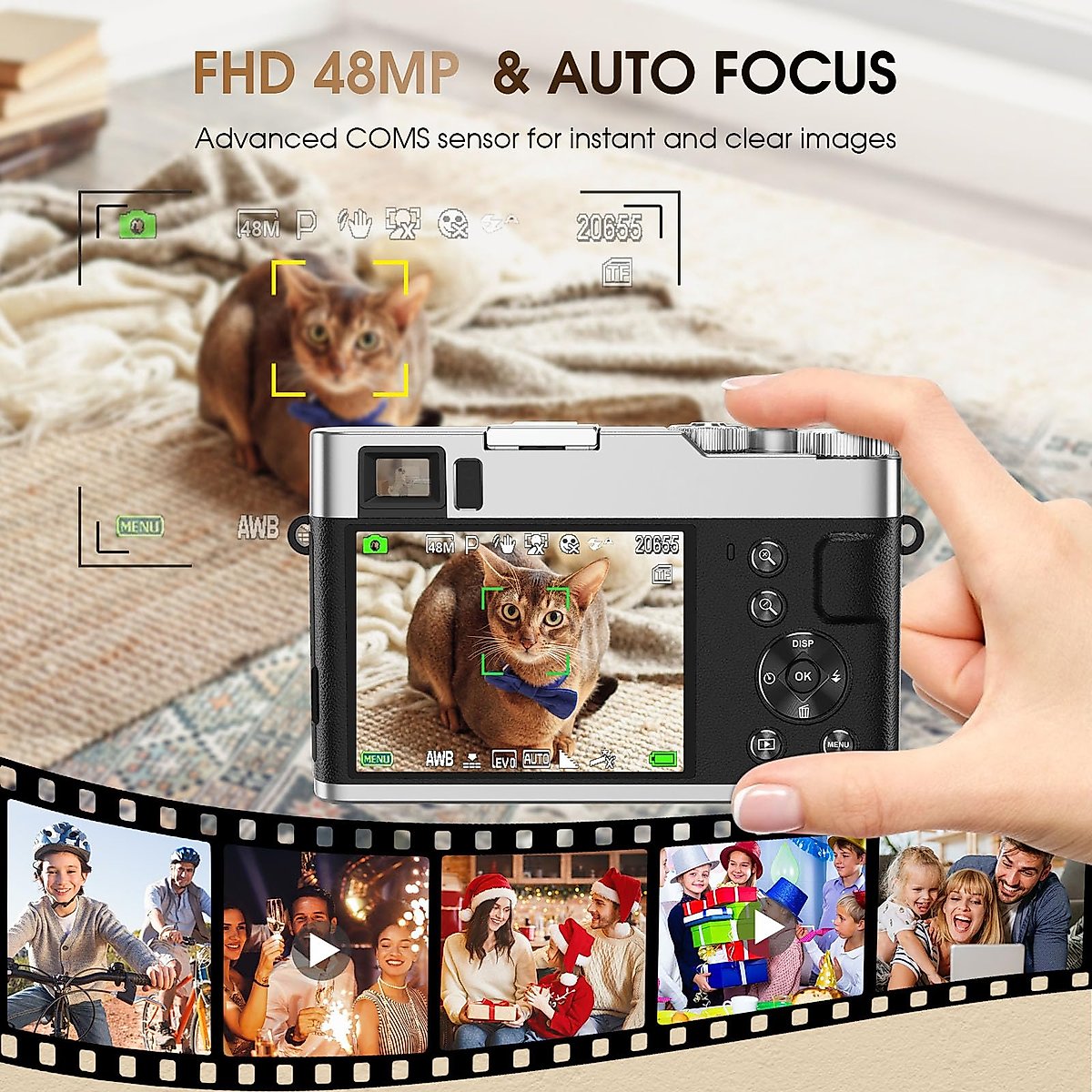 Upgraded 4K Digital Camera with SD Card Autofocus,48MP Point and Shoot Camera with Flash Viewfinder & Dial,Vlogging Camera Anti-Shake,16X Zoom Portable Travel Camera,2 Batteries
