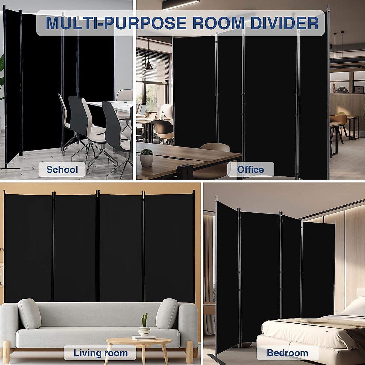 4 Panel Folding Privacy Screens, Folding Privacy Screen for Office, Partition Room Separators, Freestanding Room Fabric Panel (Black)