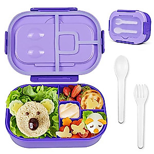 HONZUEN Bento Lunch Box, 4-Compartment Lunch Salad Container, Lunch Box Kit with Spoon and Fork, Microwave Safe Meal Prep Containers for Sandwich, Pasta, Fruit, Travel (Purple)