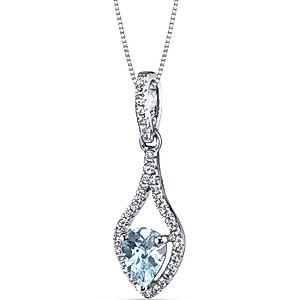 PEORA Aquamarine Pendant for Women 14K White Gold with White Topaz, Teardrop Halo Design, Genuine Birthstone Gemstone, 0.86 Carat Pear Shape 7x5mm, with 18 Inch Chain