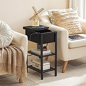 HOOBRO Side Table, Flip End Table with Charging Station and Shelves, USB Ports & Power Outlets, Narrow Nightstand for Small Spaces, Stable and Sturdy, for Living Room, Black BK341BZ01