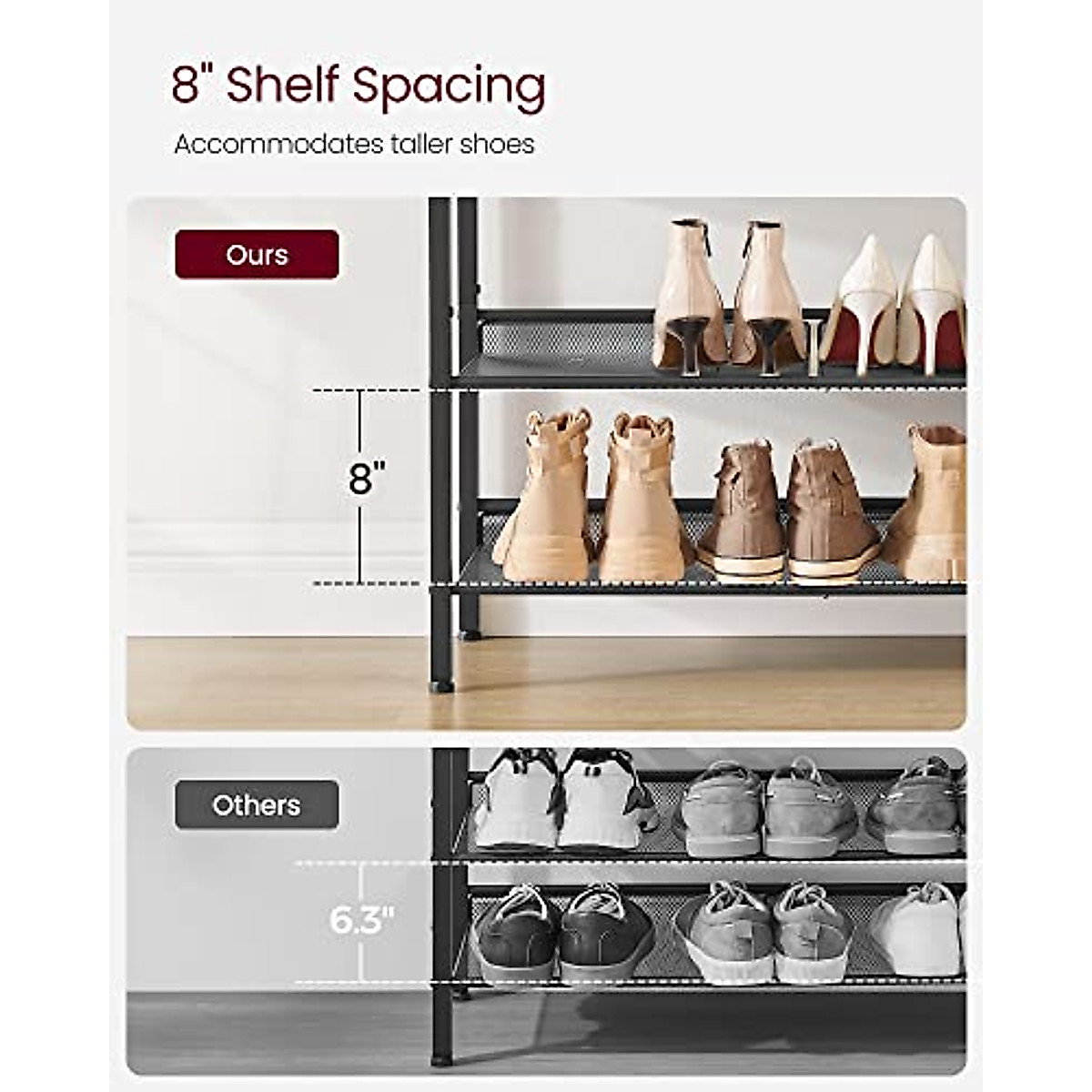 VASAGLE Shoe Rack for Entryway, 4 Tier Shoe Storage Shelves, 12-15 Pairs Shoe Organizer, with Sturdy Wooden Top and Steel Frame, Free Standing, Industrial, Rustic Brown and Black ULBS040B01