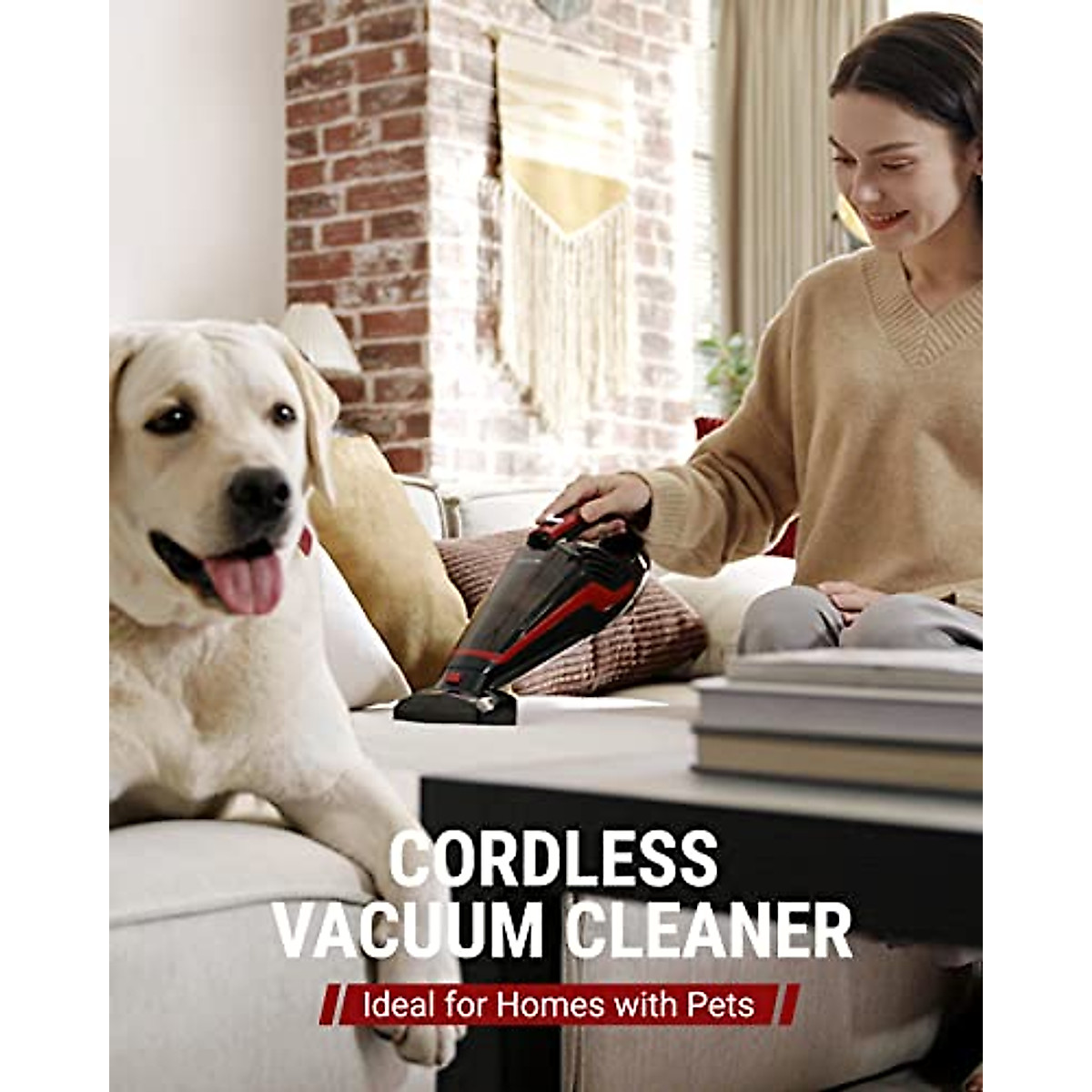 VacLife Handheld Vacuum for Pet - Hand Vacuum Cordless Rechargeable, Well-Equipped Hand Held Vacuum with Reusable Filter & LED Light, Powerful Stair Vacuum with Motorized Brush, Red (VL726)