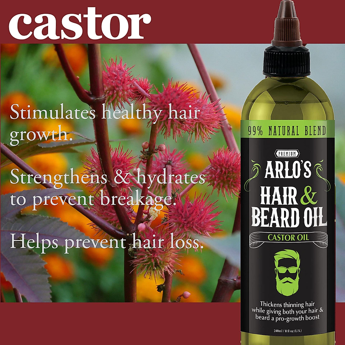 Arlo's Hair and Beard Oil with Castor Oil 8 oz. - Hair Oil, Mustache Oil and Beard Oil Growth