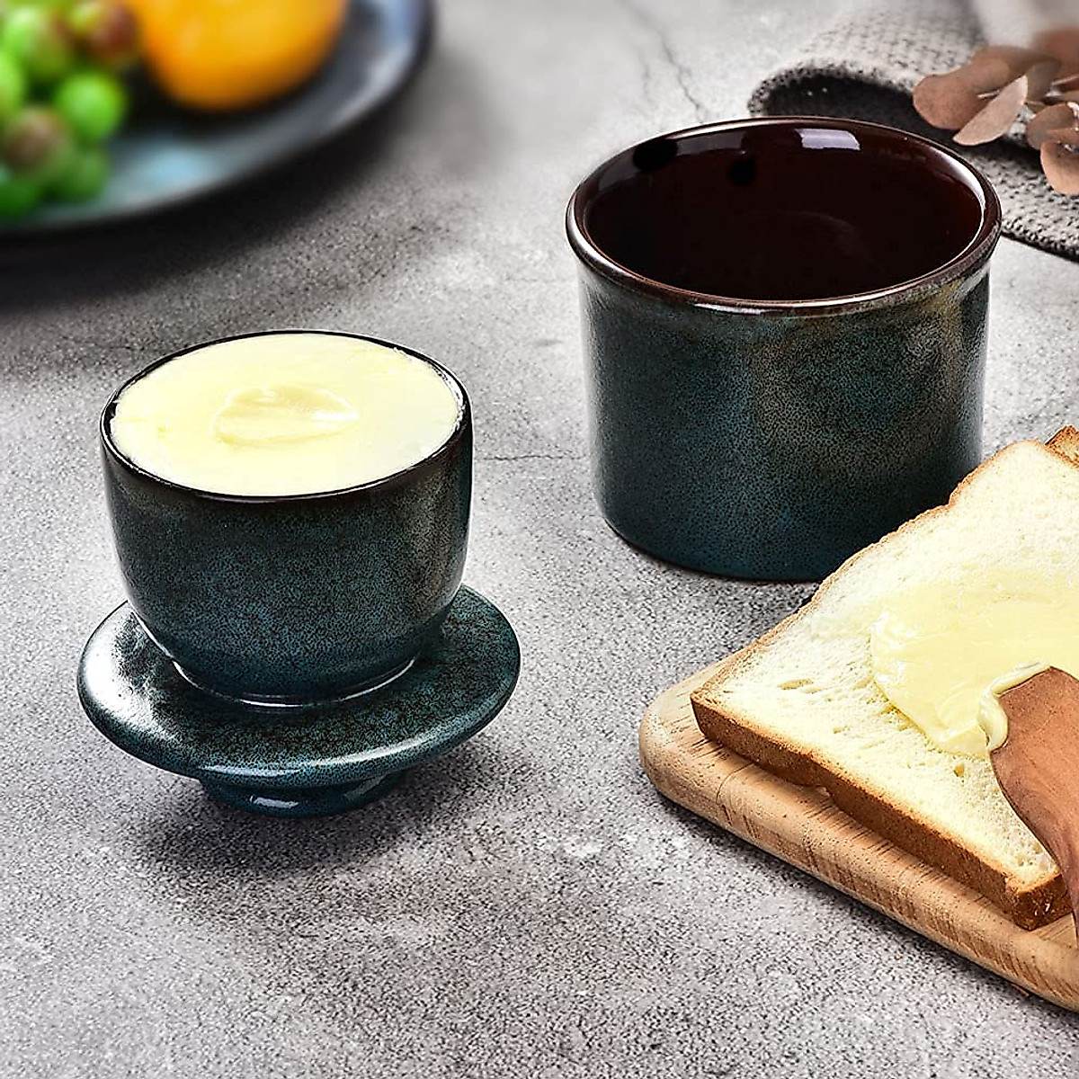 Teapeak Pottery Butter Keeper Crock - Ceramic Butter Dish with Water Line for Countertop, Keep Butter Fresh, Blue