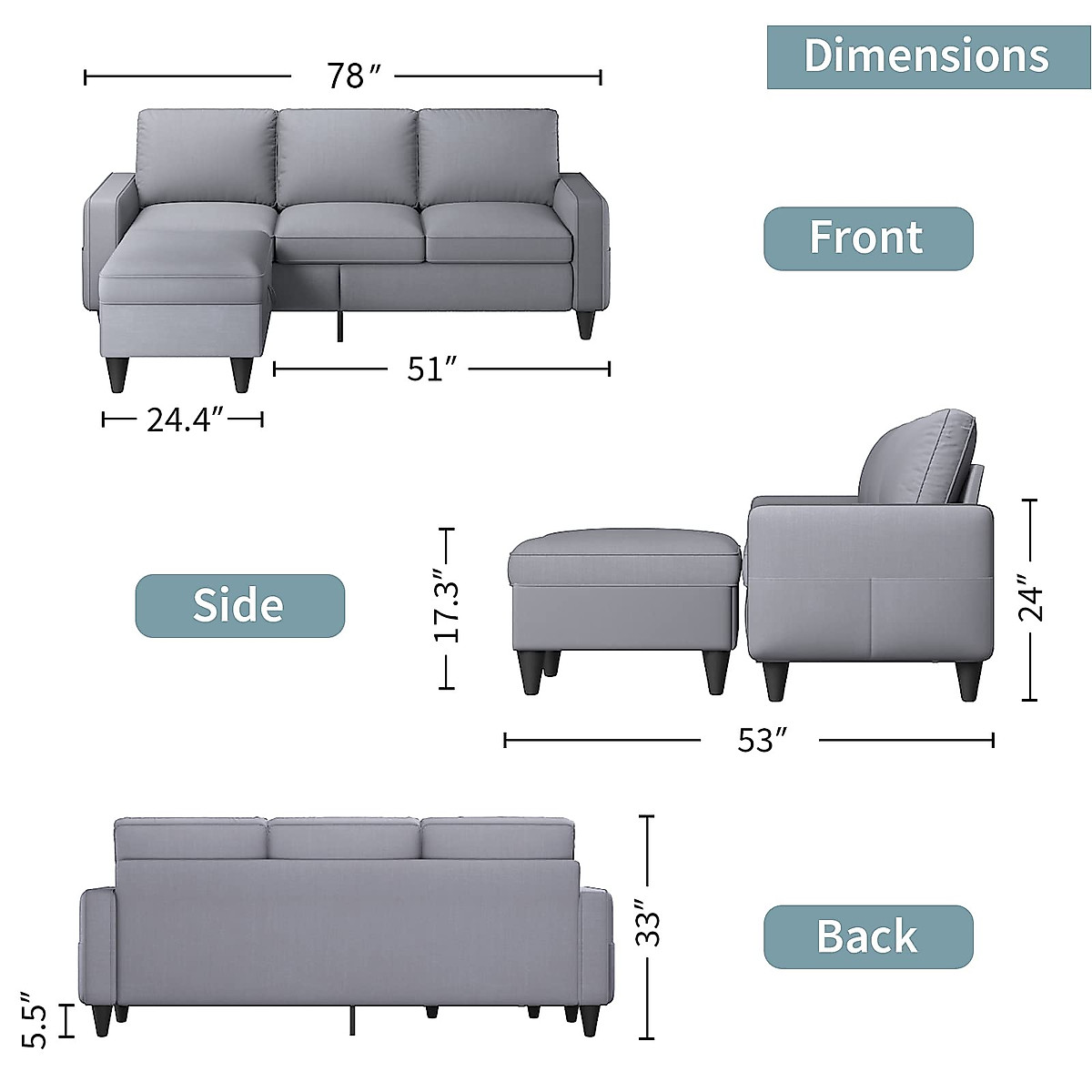 Lonkwa Convertible L-Shaped Sectional Sofa with Reversible Ottoman, 3-Seat Gray Couch for Living Rooms, Apartments, Offices, Small Spaces