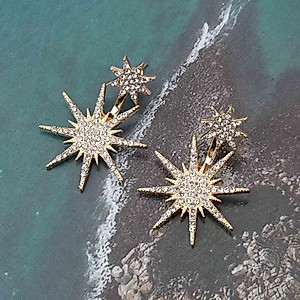 Yheakne Starburst Jacket Earrings Gold Rhinestone Sun Earrings Front Back Studs Earrings Boho Celestial Earrings Jewelry for Women and Girls Gifts (Gold)