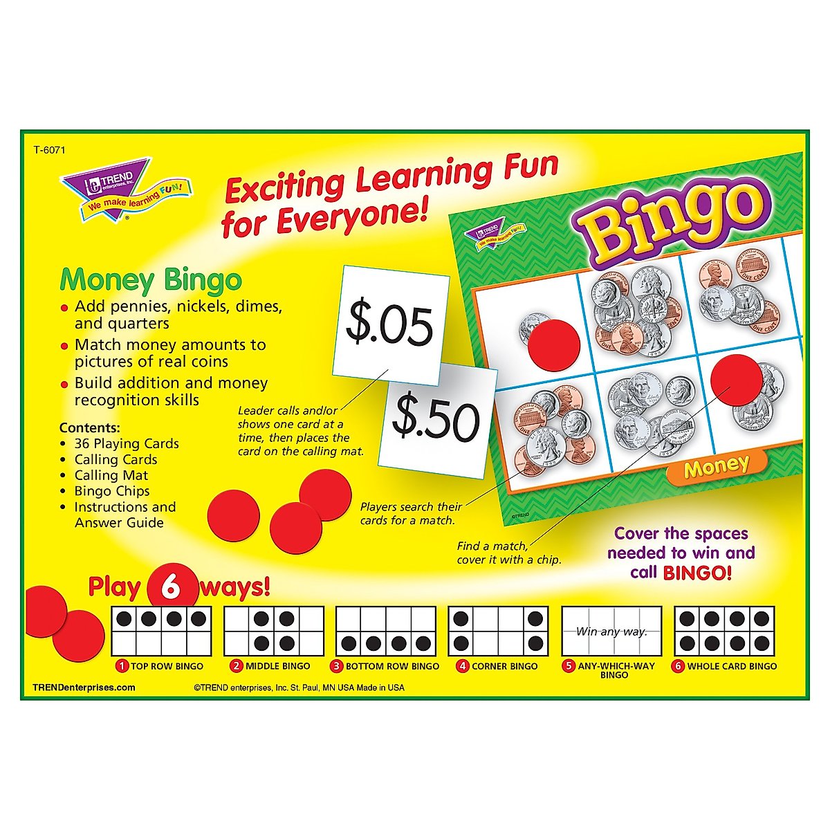 Trend Enterprises: Money Bingo Game, Exciting Way for Everyone to Learn, Play 6 Different Ways, Great for Classrooms and at Home, 3 to 36 Players, for Ages 5 and Up