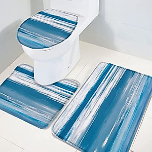 Fashion 3 Piece Bath Rugs Set Abstract Blue and Gray Art Textured Non Slip Ultra Soft Bathroom Accessories Mats, U Shape Mat and Toilet Lid Cover Mat Bath Mats