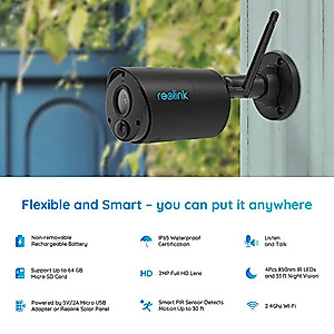 REOLINK Security Camera Wireless Outdoor Solar Powered, No Monthly Fee, 1080p, 2-Way Talk, Night Vision, PIR Motion Detection, Works with Alexa for Home Surveillance, Argus Eco w/Solar Panel Black